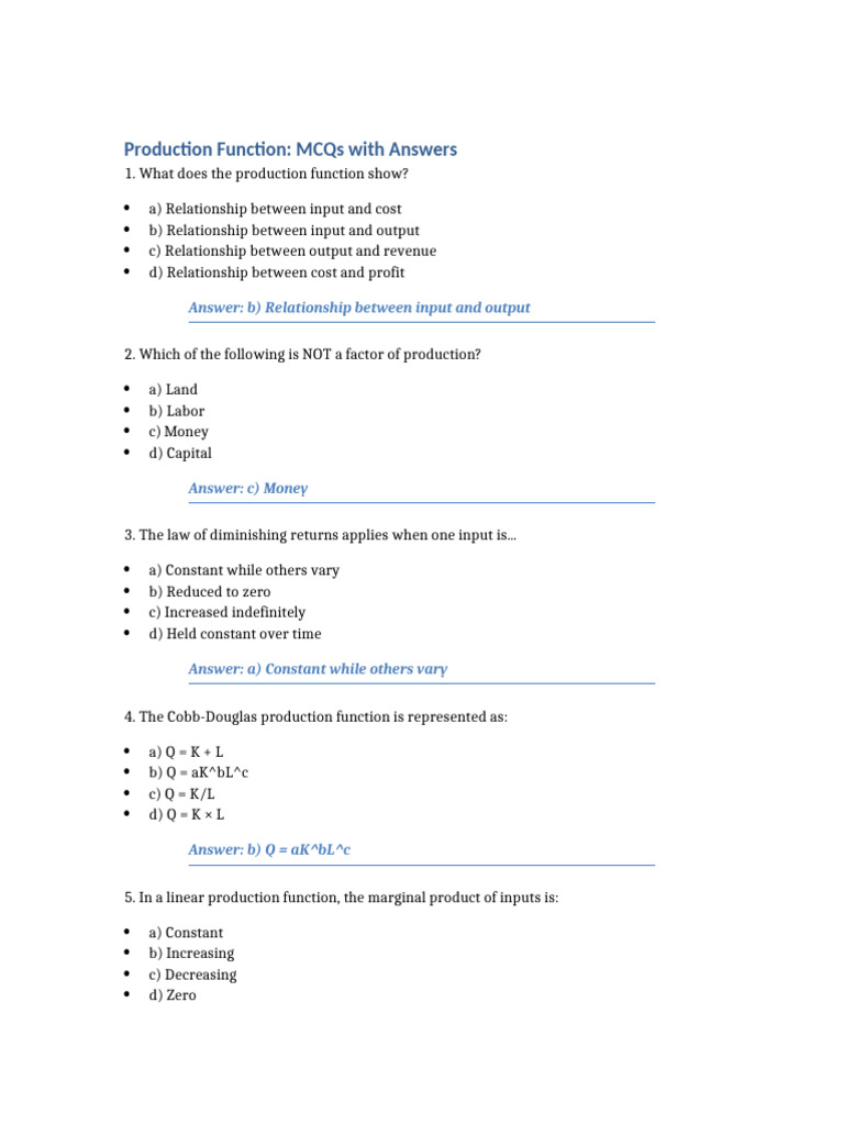 Production Function MCQs | PDF | Production Function | Marginal Cost