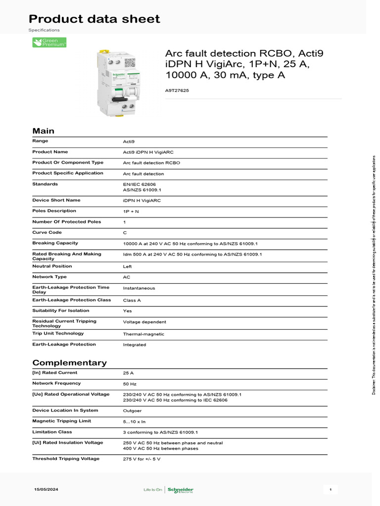 Schneider Electric Acti9-AFDD A9T27625 | PDF | Alternating Current ...