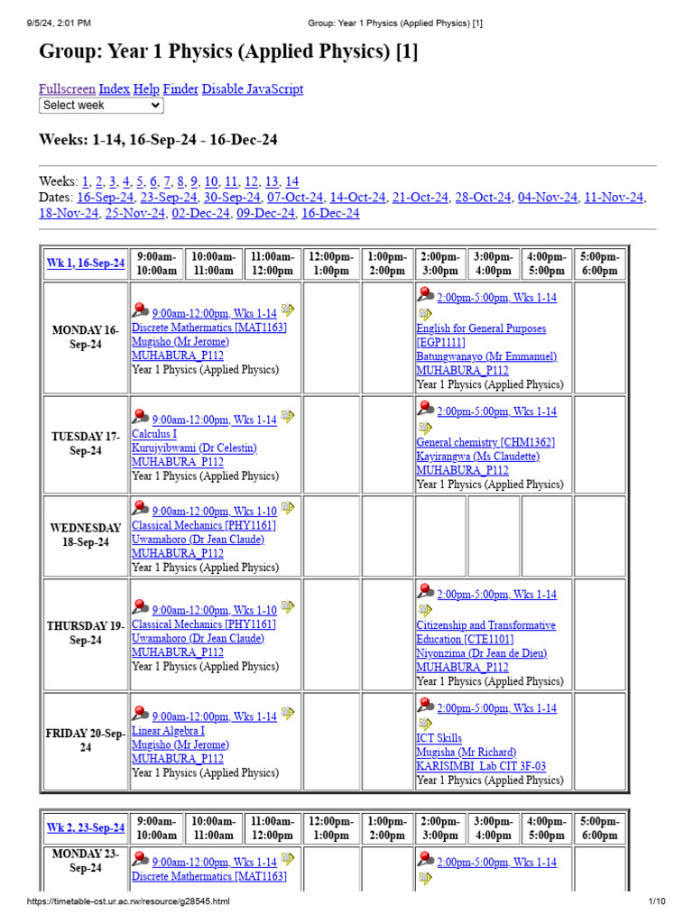 Year 1 Physics (Applied Physics) Semester 1 Time Table | PDF | Physics | Mathematics