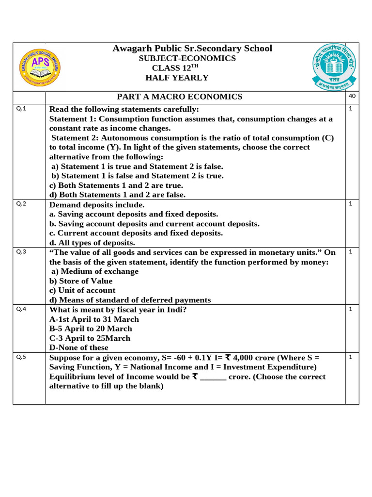12TH Economics Paper Aps | PDF | Gross Domestic Product | Inflation