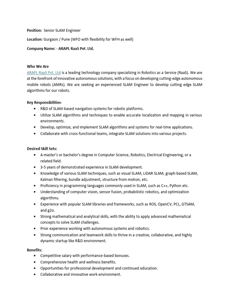 Senior SLAM Engineer Job in Gurgaon/Pune | PDF