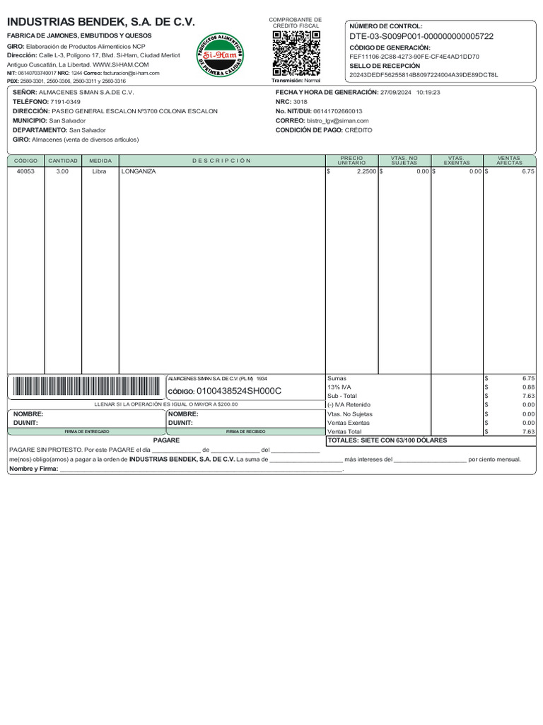 Factura de Ventas - Industrias Bendek | PDF