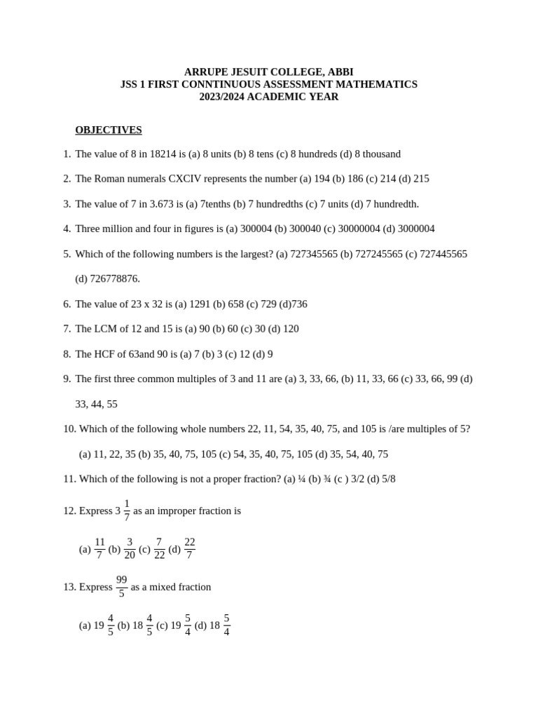 JSS 1 Mathematics Assessment 2023/2024 | PDF | Mathematical Notation ...