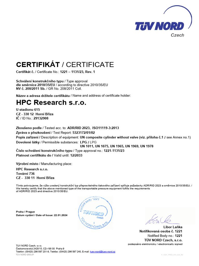 TUV NORD ISO 11119-3_2013 type approval certificate No. 1221-1131_23, Rev. 1 | PDF