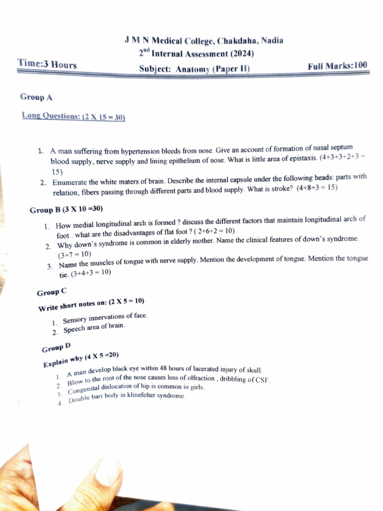 2nd Sem Question Paper JMN MCH 2023-24 | PDF | Human Nose | Tongue