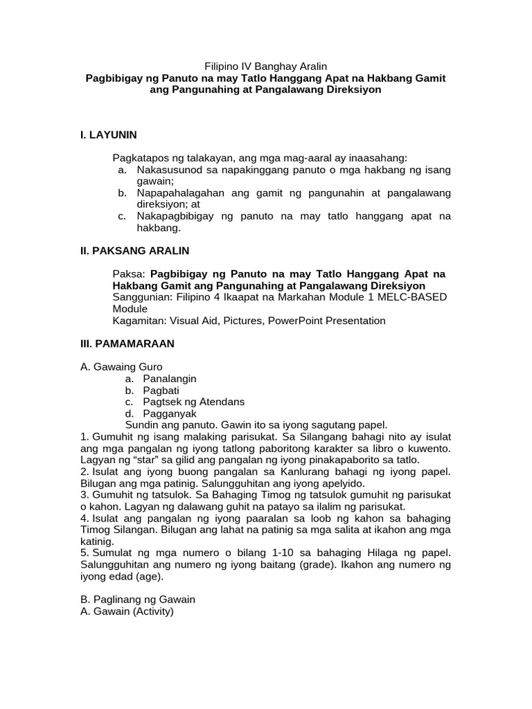 Pagbibigay NG Panuto Na May Tatlo Hanggang Apat Na Hakbang Gamit Ang ...