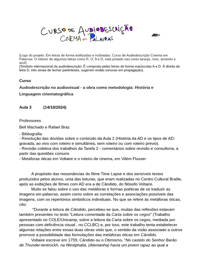 Turma 2 Aula 3 - A Escrita Do Roteiro de AD - AD No Audiovisual | PDF | Roteiro | Imagem