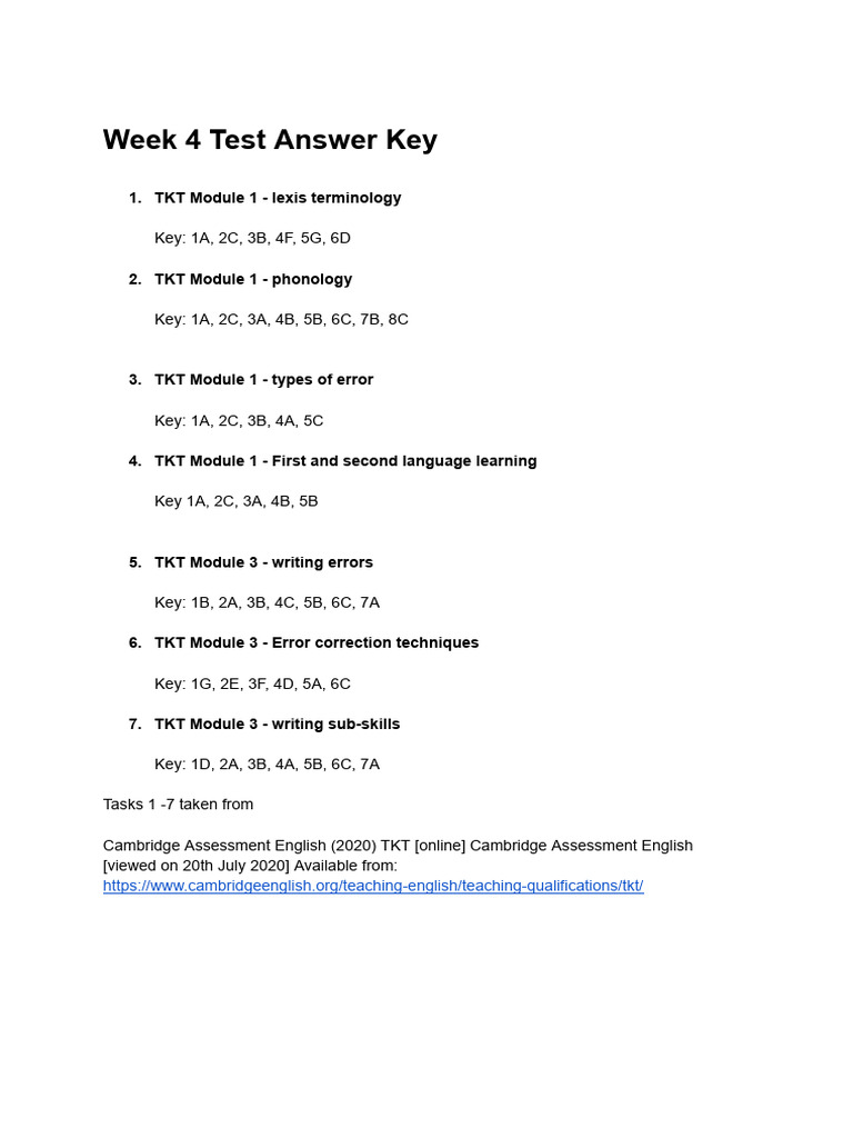 Week 4 Test Answer Key | PDF