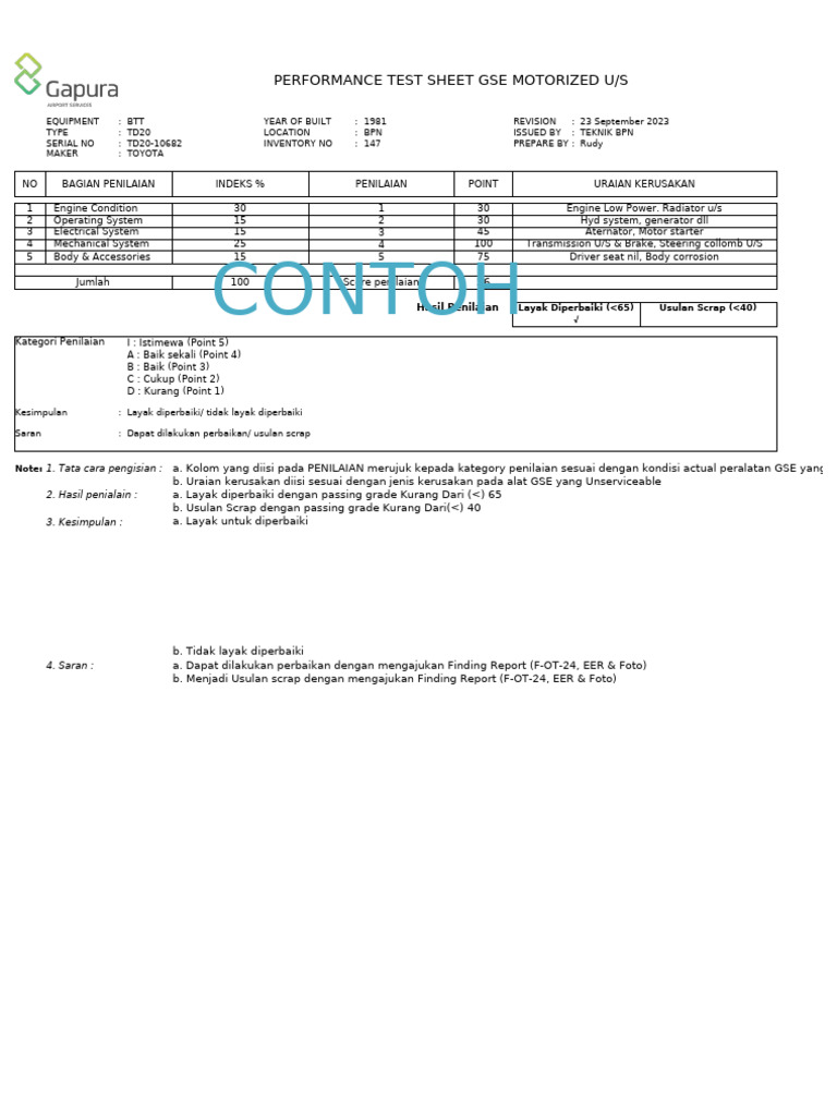 Form Performance Test Sheet GSE Motorized | PDF