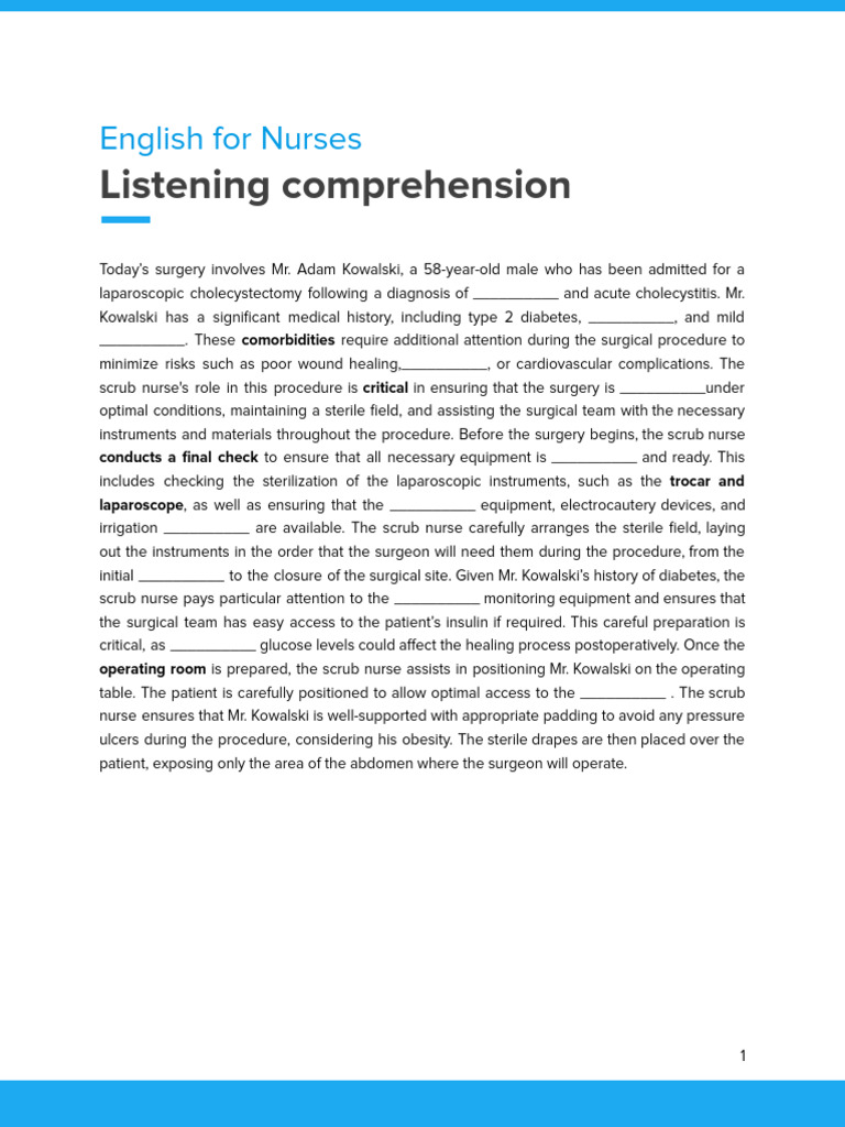 English For Nurses Listening Comprehension Today's Surgery Involves Mr ...