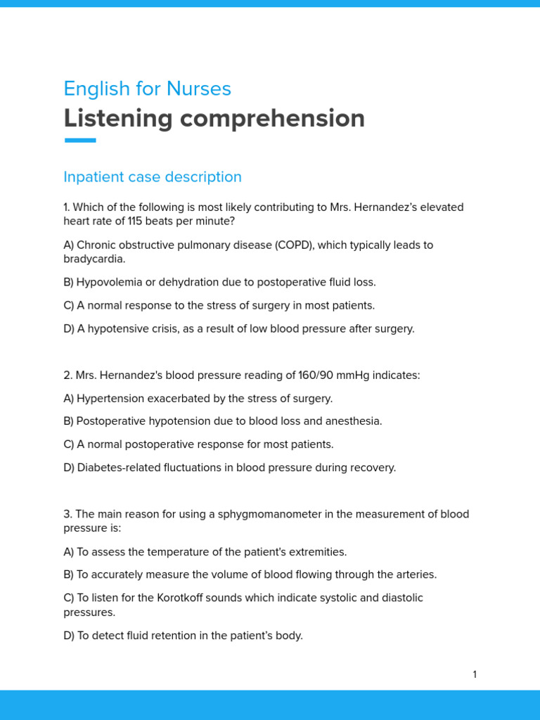English For Nurses Listening Comprehension Inpatient Case Description ...