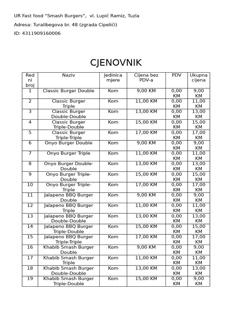 Cjenovnik Smash Burgers | PDF | Sports | Sports Rules And Regulations