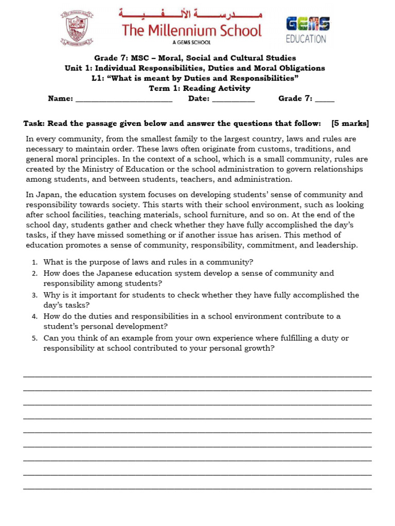 Grade 7 - MSC - Term 1 Reading Comprehension | PDF