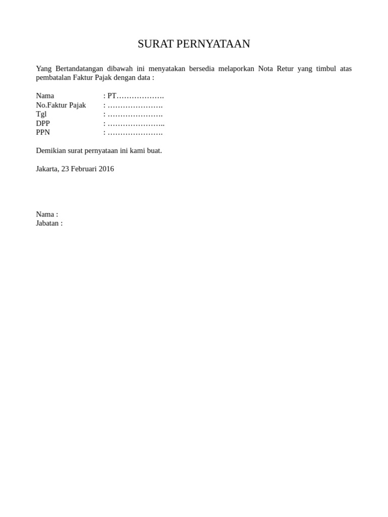 Surat Pernyataan Nota Retur Pajak | PDF
