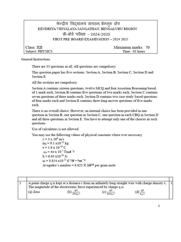 Class 12 Physics QP PB-I | PDF | Waves | Capacitor
