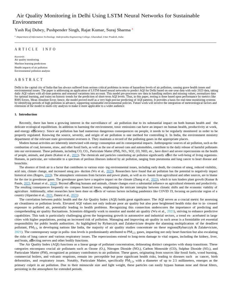 Air Quality Monitoring in Delhi Using LSTM Neural Networks for Sustainable Environment | PDF ...