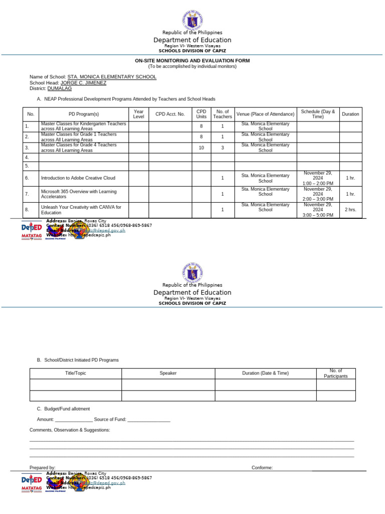 On-Site Monitoring and Evaluation Form Inset 2024 | PDF