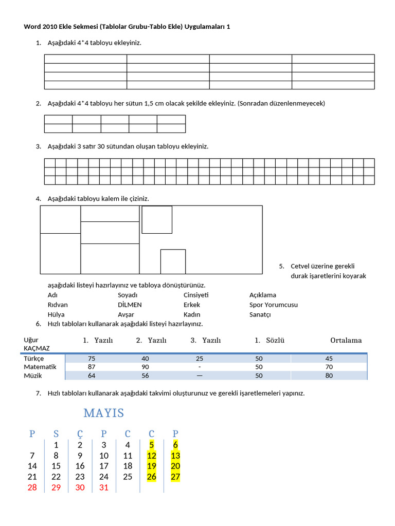 8 - Word 2010 Ekle Sekmesi (Tablolar Grubu-Tablo Ekle) Uygulamaları-Unprotected | PDF