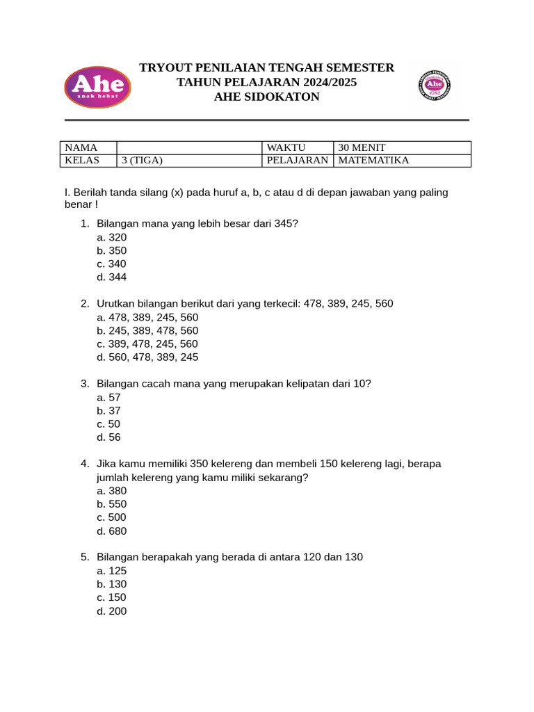 PTS MTK Kelas 3 | PDF