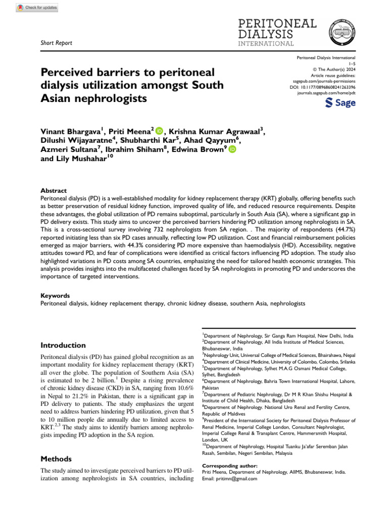Bhargava Et Al 2024 Perceived Barriers To Peritoneal Dialysis ...