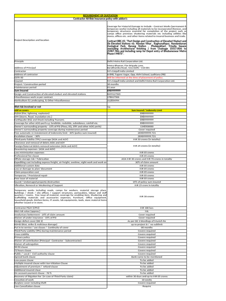 C.A.R. RFQ format | PDF | Insurance | Liability Insurance