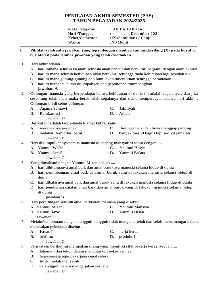 Soal PAS KLS 9 Semester Ganjil TP. 2024-2025 Salinan | PDF