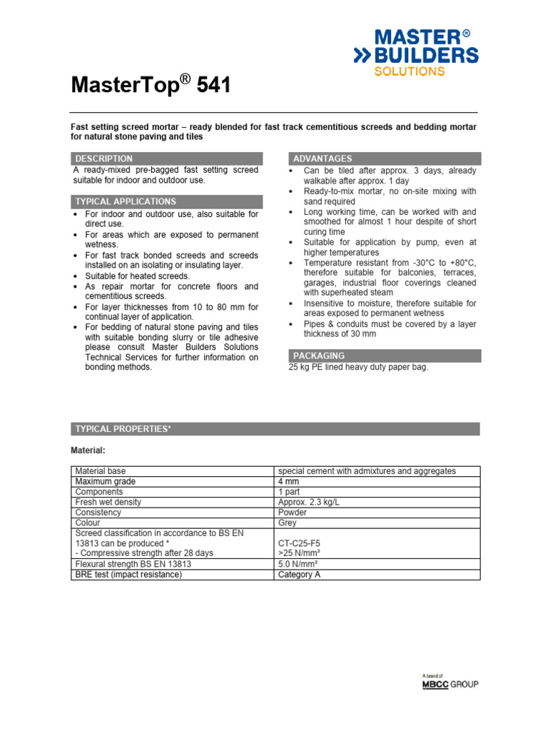 mastertop-541-tds (1) | PDF | Concrete | Cement