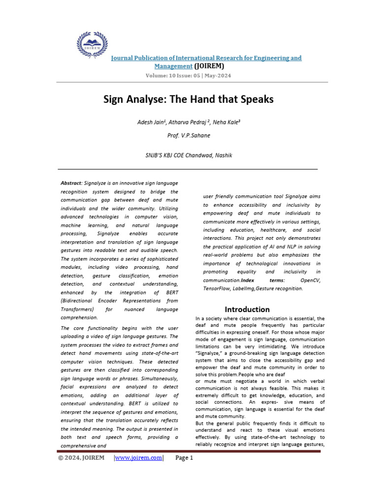 Signalyze: Bridging Communication Gaps | PDF | Emotions | Sign Language