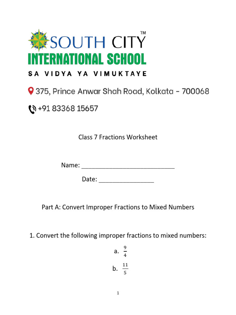 Class 7 Fractions Worksheet 1 Pdf
