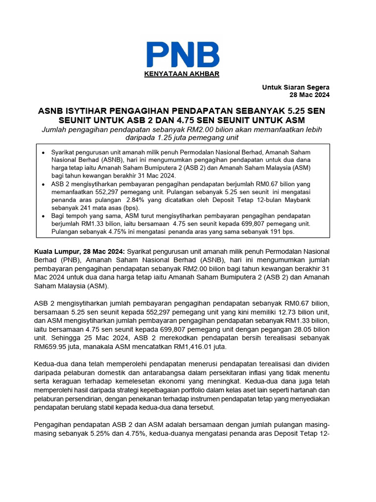 Kenyataan Akhbar - Pengagihan Pendapatan ASB 2 ASM TKB 31 Mac 2024 | PDF