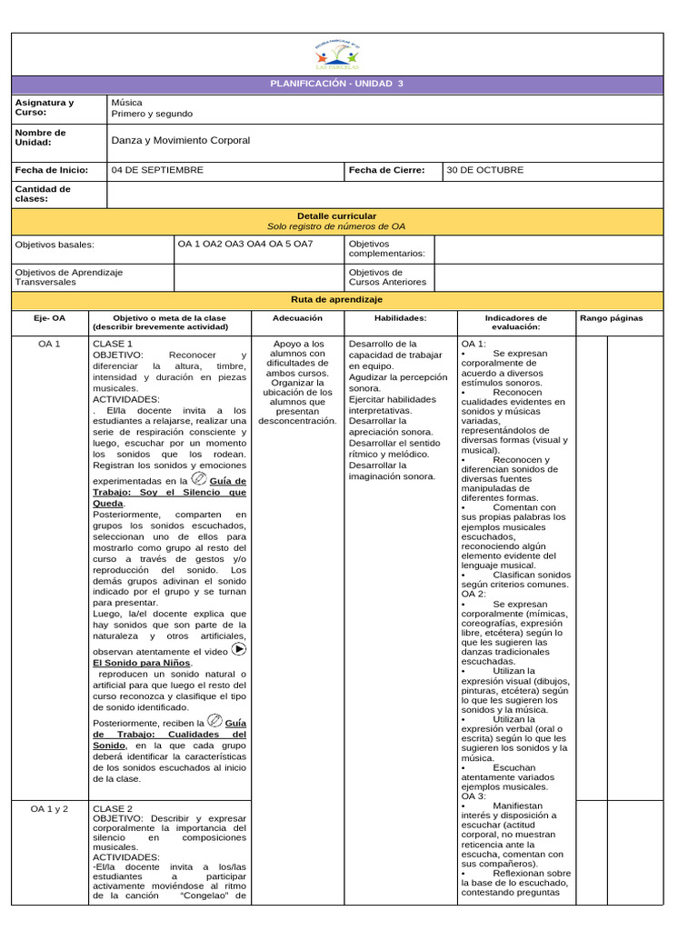 Planificacion Unidad 3 Musica Primero y Segundo. | PDF | Ritmo | Canciones