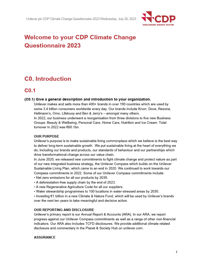 Unilever CDP Climate Change Questionnaire 2023 | PDF | Risk | Risk Management