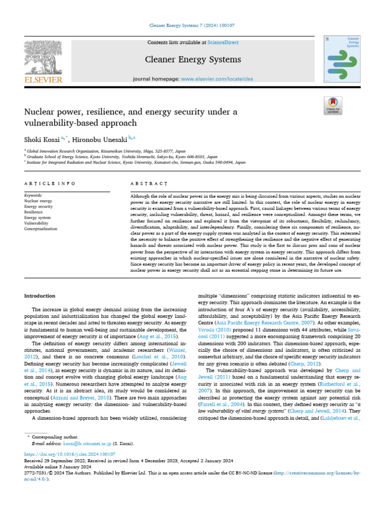 Nuclear power, resilience, and energy security under a vulnerability ...
