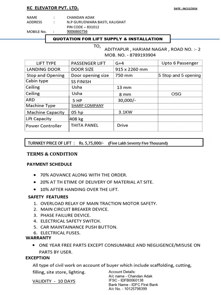 KC Elevator PVT Quotation | PDF