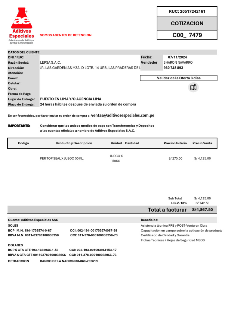 Cotizacion Aditivos Especiales S.a.C. - C00 - 7479 LEPSA S.a.C. | PDF