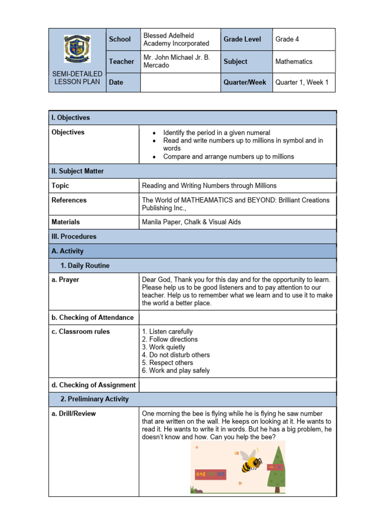 Reading and Writing Numbers Lesson Plan | PDF | Learning