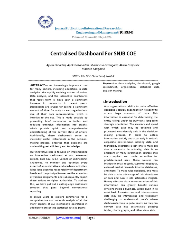 Centralised Dashboard For SNJB COE | PDF | Data Analysis | Educational ...