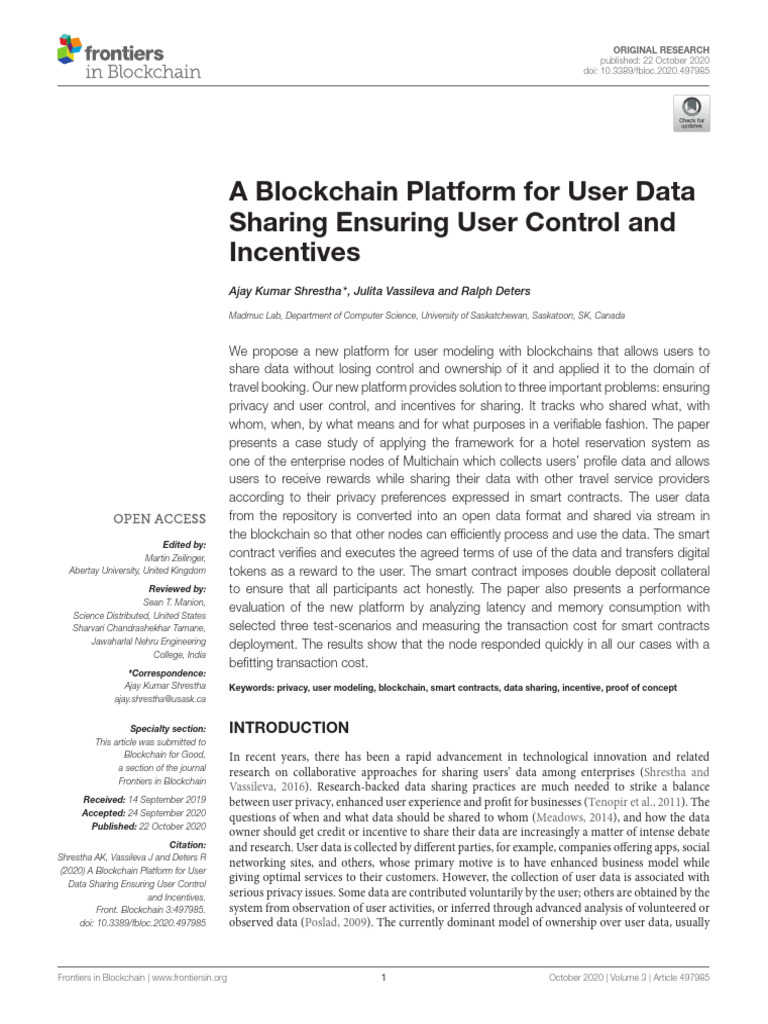 A Blockchain Platform For User Data Sharing Ensuring Us | PDF | Peer To ...
