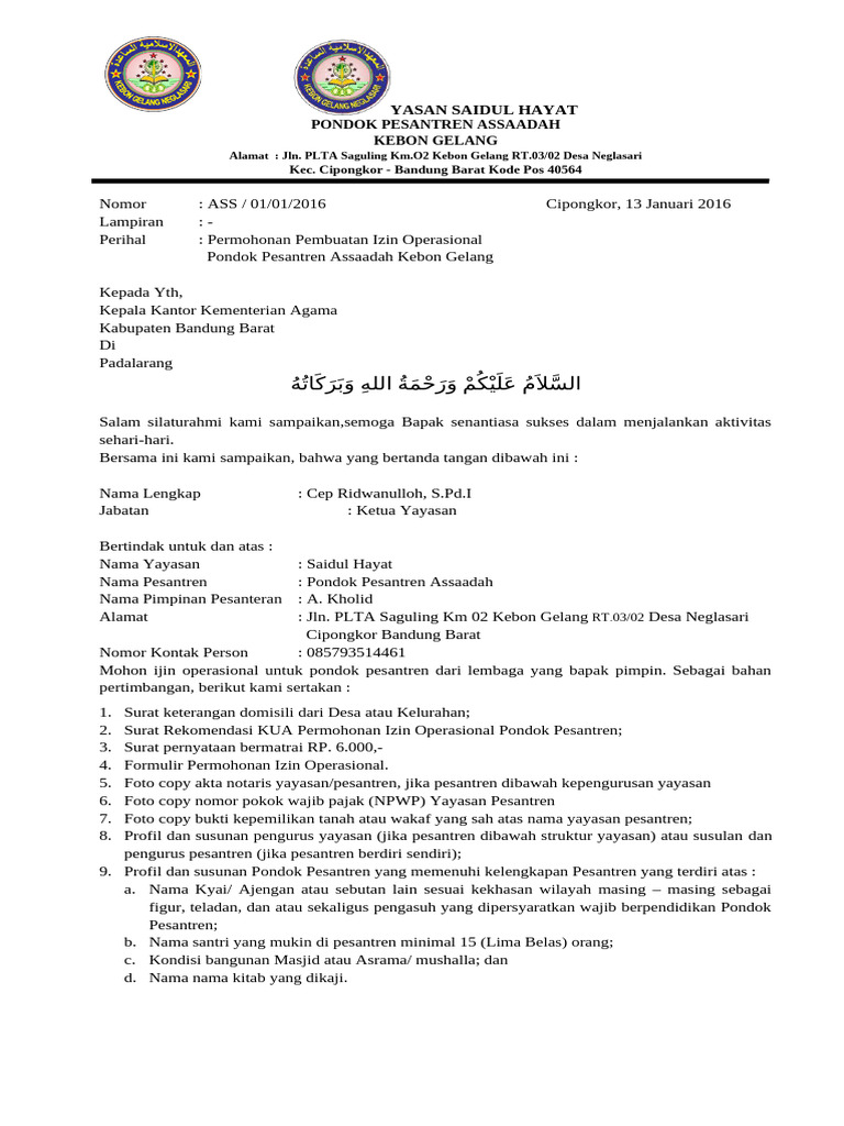 Pengajuan Operasional PONPES | PDF