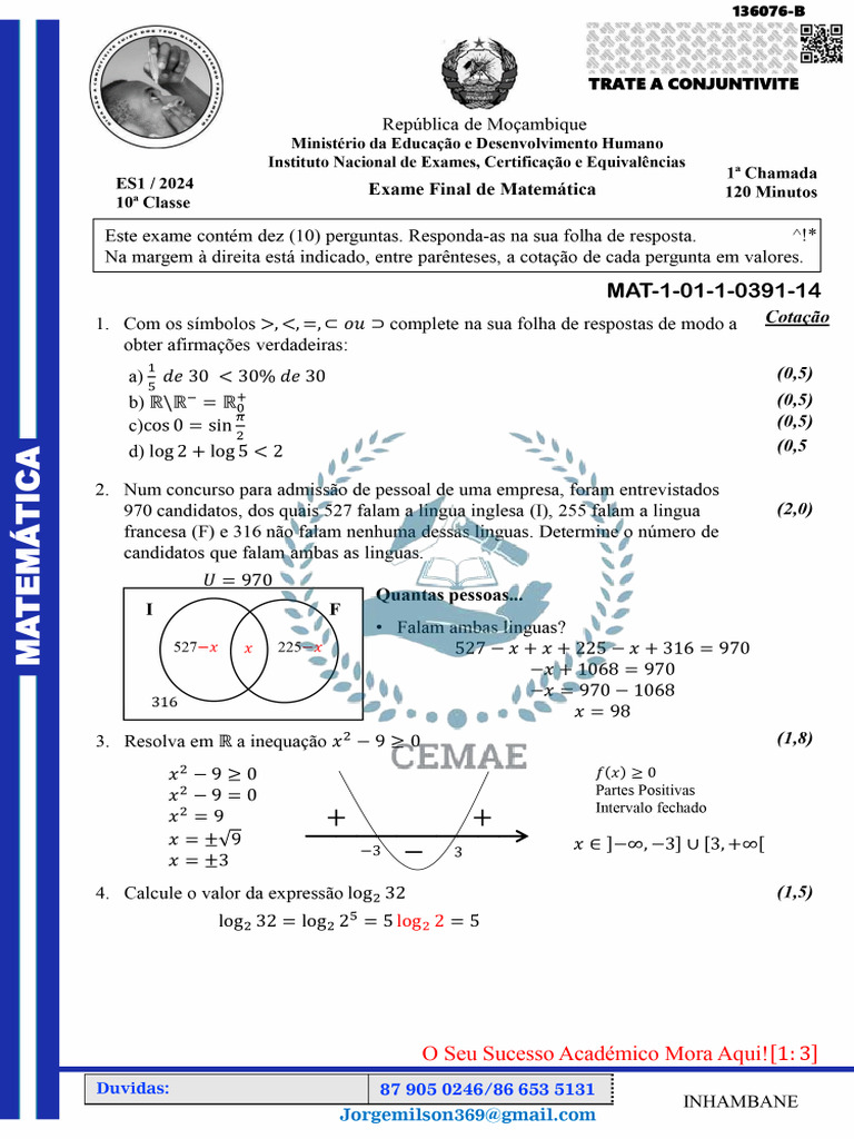 Resolução Exame de Matemática 10 Classe 2024 (CEMAE) | PDF