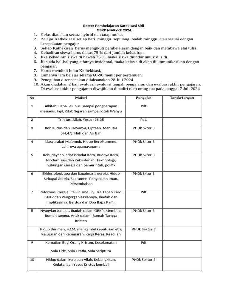 Roster Pembelajaran Katekisasi Sid1 | PDF