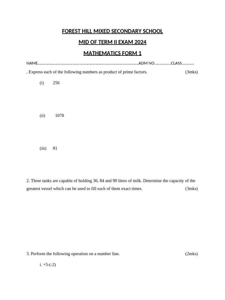 Form 1 Maths Mid of TRM 2-2024 New | PDF | Angle | Mathematics
