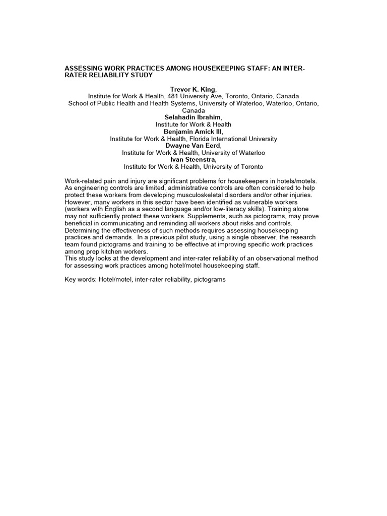 Assessing Work Practices Among Housekeeping Staff: An Interrater ...