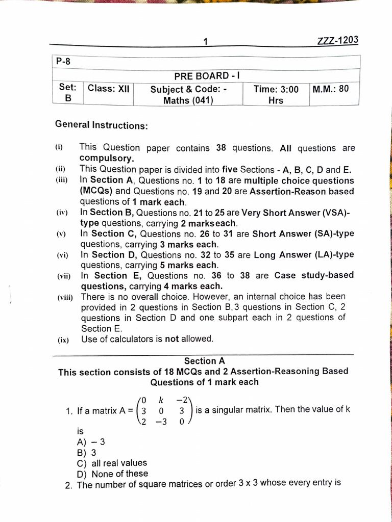Preboard 1 Maths 24-25 | PDF | Matrix (Mathematics) | Mathematical Analysis