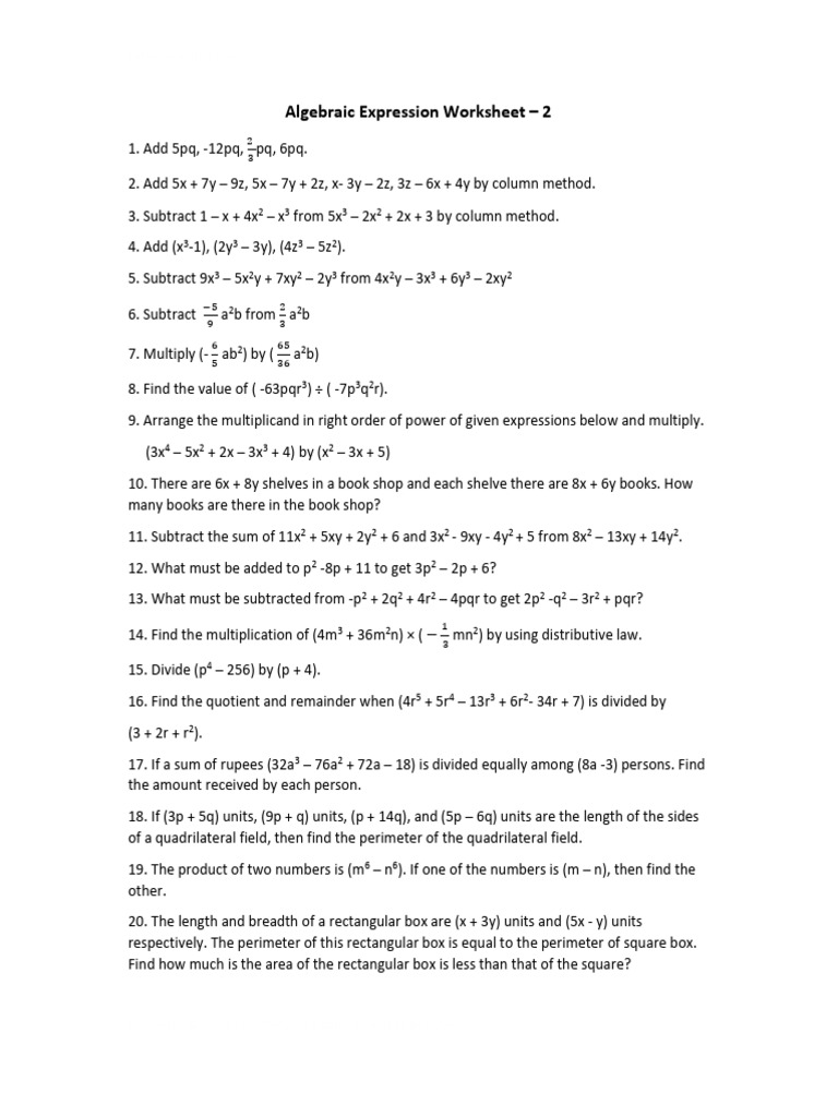Class 8 Algebraic Expressions Worksheet 2 | PDF