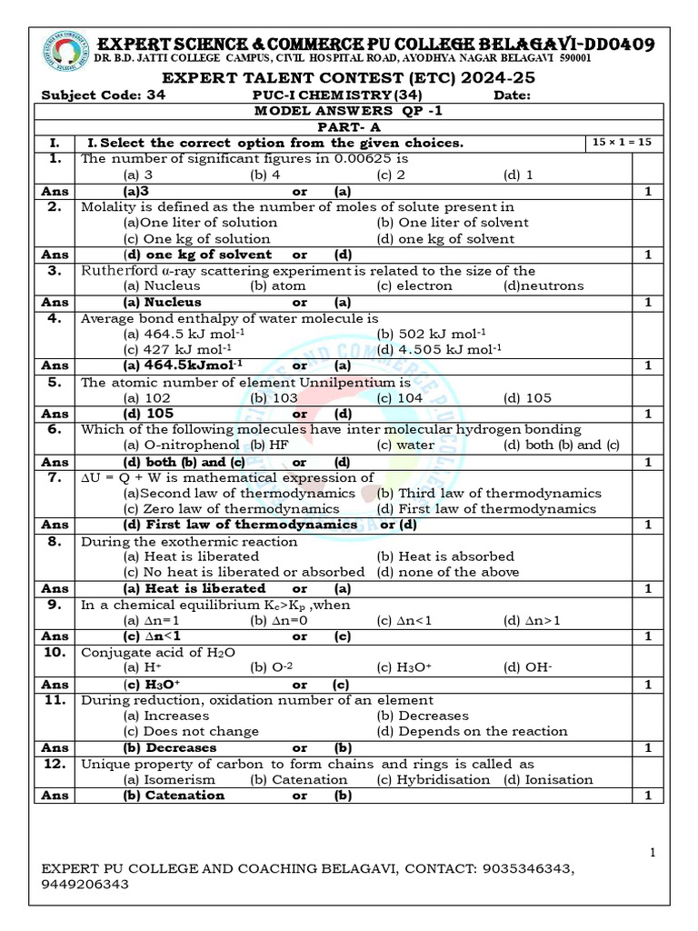 PU1-CHEMISRTY-etc-SOLUTION-PAPER-1 | PDF | Chemistry | Molecules