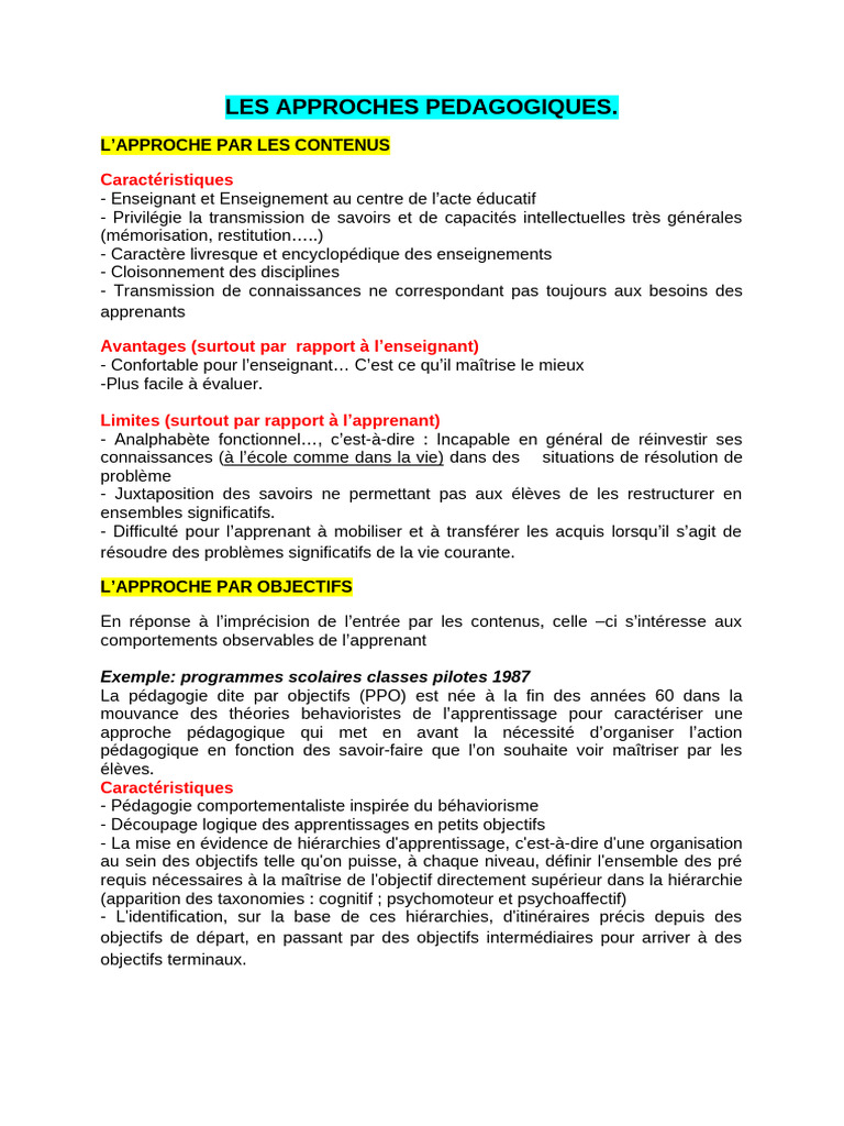LES APPROCHES PEDAGOGIQUES | PDF | Pédagogie | Apprentissage