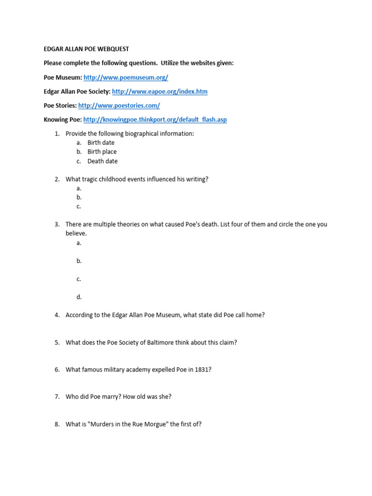 Edgar Allan Poe Webquest | PDF