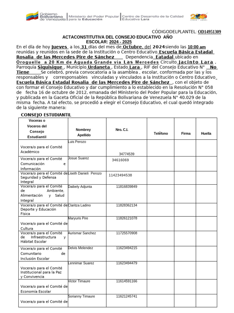 Acta Constitutiva Del Consejo Educativo 2024 - 2025 - Oroguelle | PDF | Documento de identidad ...