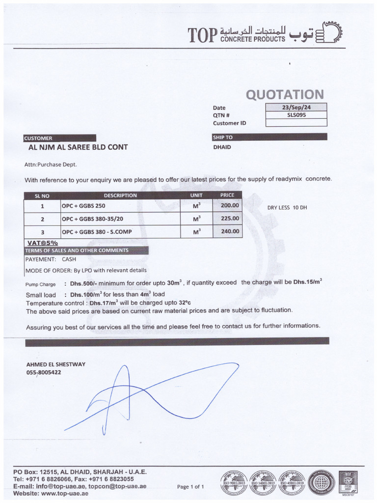 Sample of Concrete Rates in Sharjah | PDF